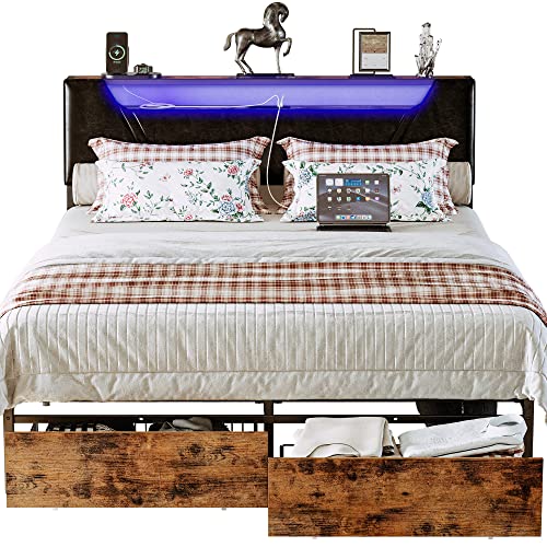 IRONCK Queen Bed Frame with Drawers, Ergonomic Storage Headboard with Charging Station, LED Light, Solid and Stable, No Box Spring Needed