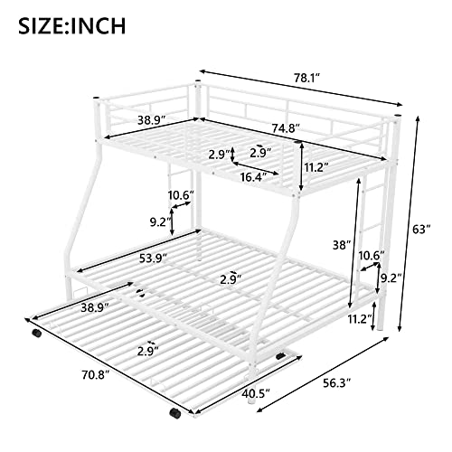 Cotoala Twin Over Full Metal Bunk Bed with Sturdy Steel Frame, Bunkbed with Twin Size Trundle, Two-Side Ladders, No Spring Box Required, White