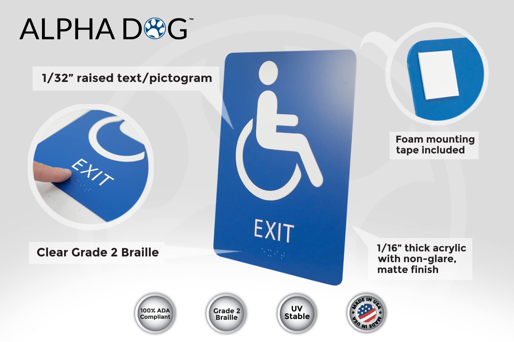 ALPHA DOG ADA SIGNS - Handicap Exit Sign with Braille for Your Business, 8x6 Inch, ADA Compliant, Indoor or Outdoor, Easy Installation, Made in the USA, Blue