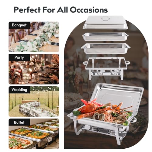4 Pack 8QT Chafing Dish Buffet Set with 2 Full Size, 2 Half Size, 3 1/3 Size Food Pans, Stainless Steel Buffet Chafers Catering Food Warmers for Party/Buffet/Wedding/Banquet/Catering Events