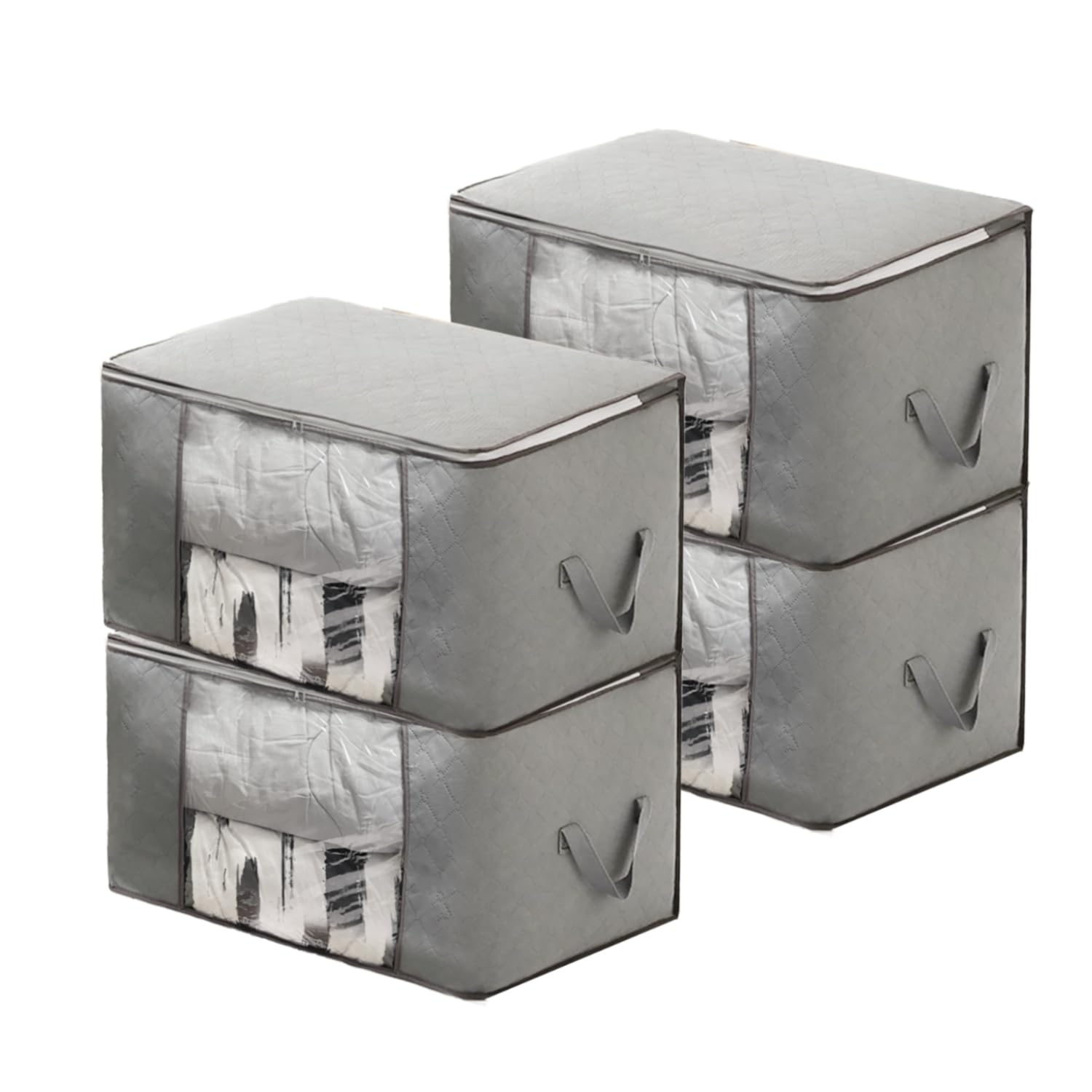 4 Pack 90L Large Storage Bag, Foldable Clothing Storage Container with Zipper and Durable Handle for Clothing, Blankets, Pillows, Toys, Gray