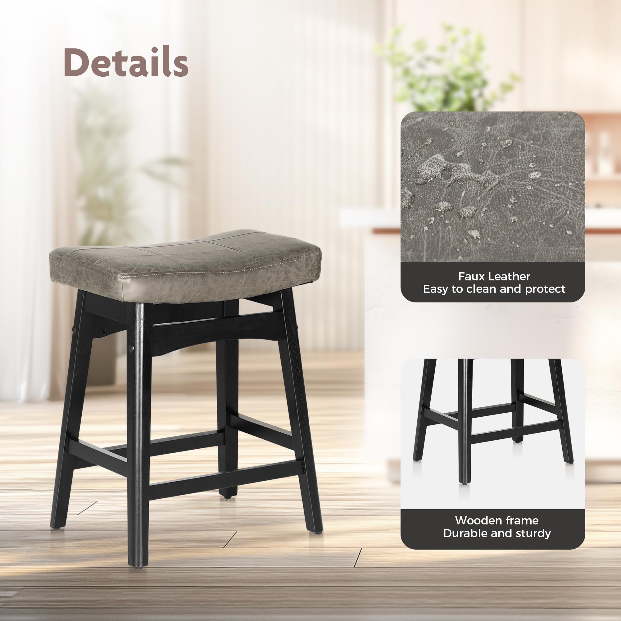 ALPHA HOME Bar Stools Set of 3, Solid Wood Saddle Kitchen Stools with Grey PU Leather Cushion Counter Height Barstools with Wooden Base for Kitchen Dining Cafe, 24 Inch, Grey, 3PCS