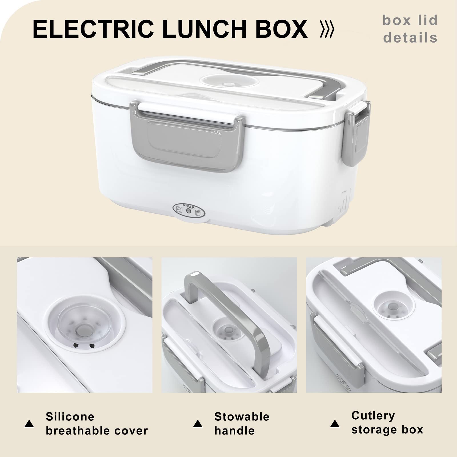 Adocfan Electric Lunch Box, Fast 60W 3 in 1 Portable Food Heater Car Use 12V/24V and Home Use 110V, Leak proof, Removable Stainless Steel Container, Fork, Spoon and Carry Bag (Gray)