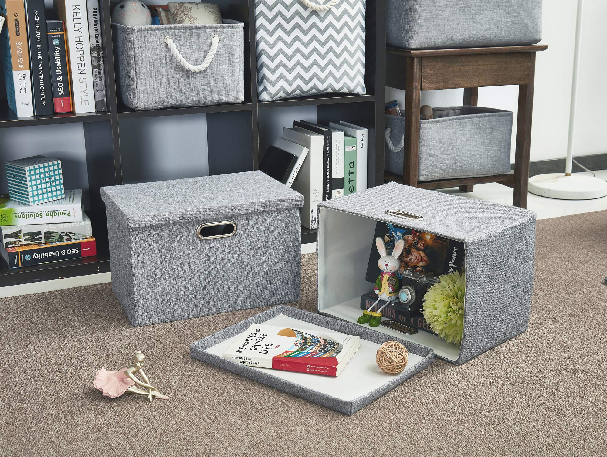 AlphaHome Large Storage Bins with Lids [2 Pack], Foldable Linen Fabric Large Storage Baskets for Organising Clothes and Toys(Glaucous Grey, Large - 15.4 x 10.6 x 9.8)…