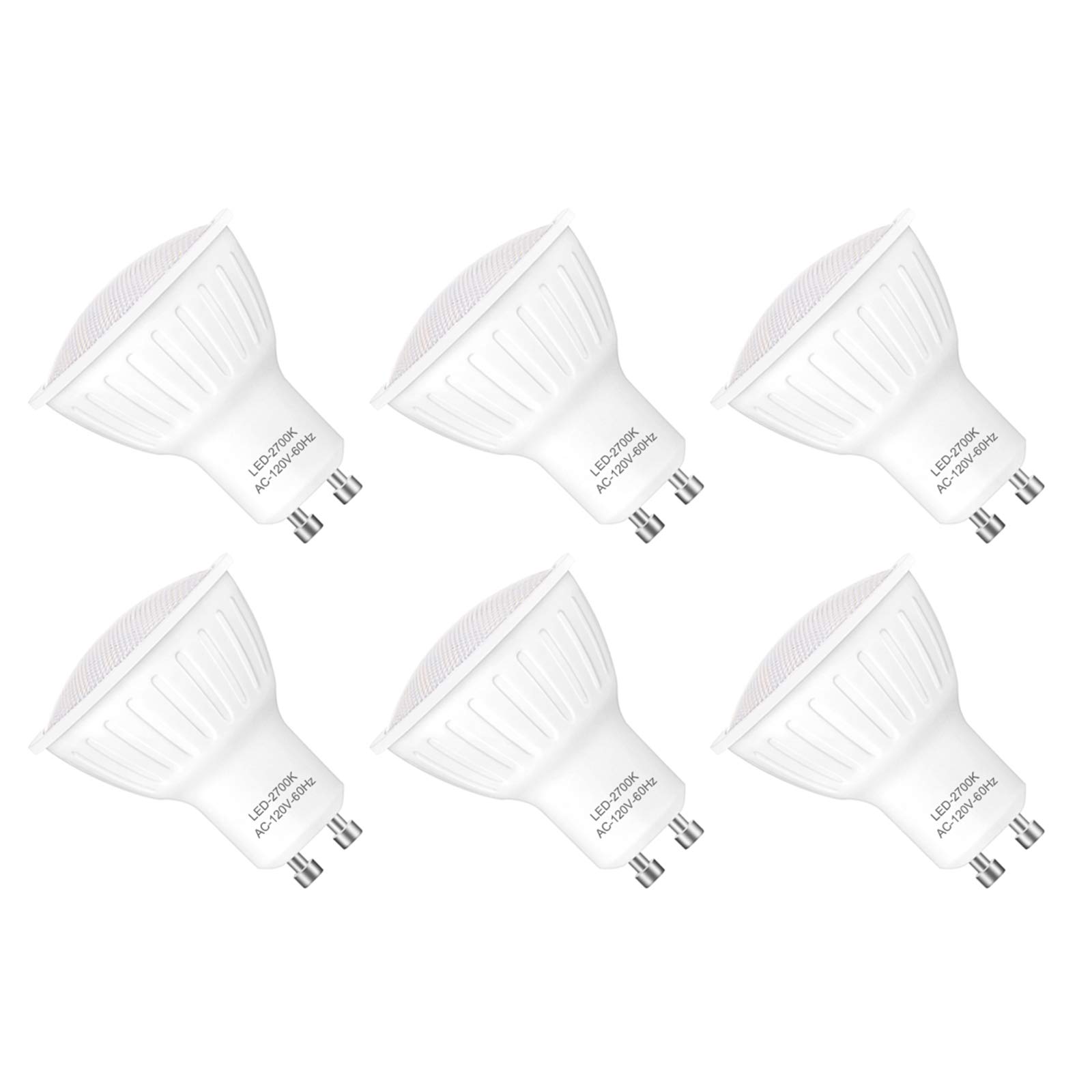 6 Pack GU10 LED Bulbs Dimmable， 2700-Kelvin Warm White, 500LM,5-Watt(50-Watt Equivalent) 120° Beam Degree Angle ，Frosted MR16 Shape GU10 Bulb，Recessed Light,Spotlight