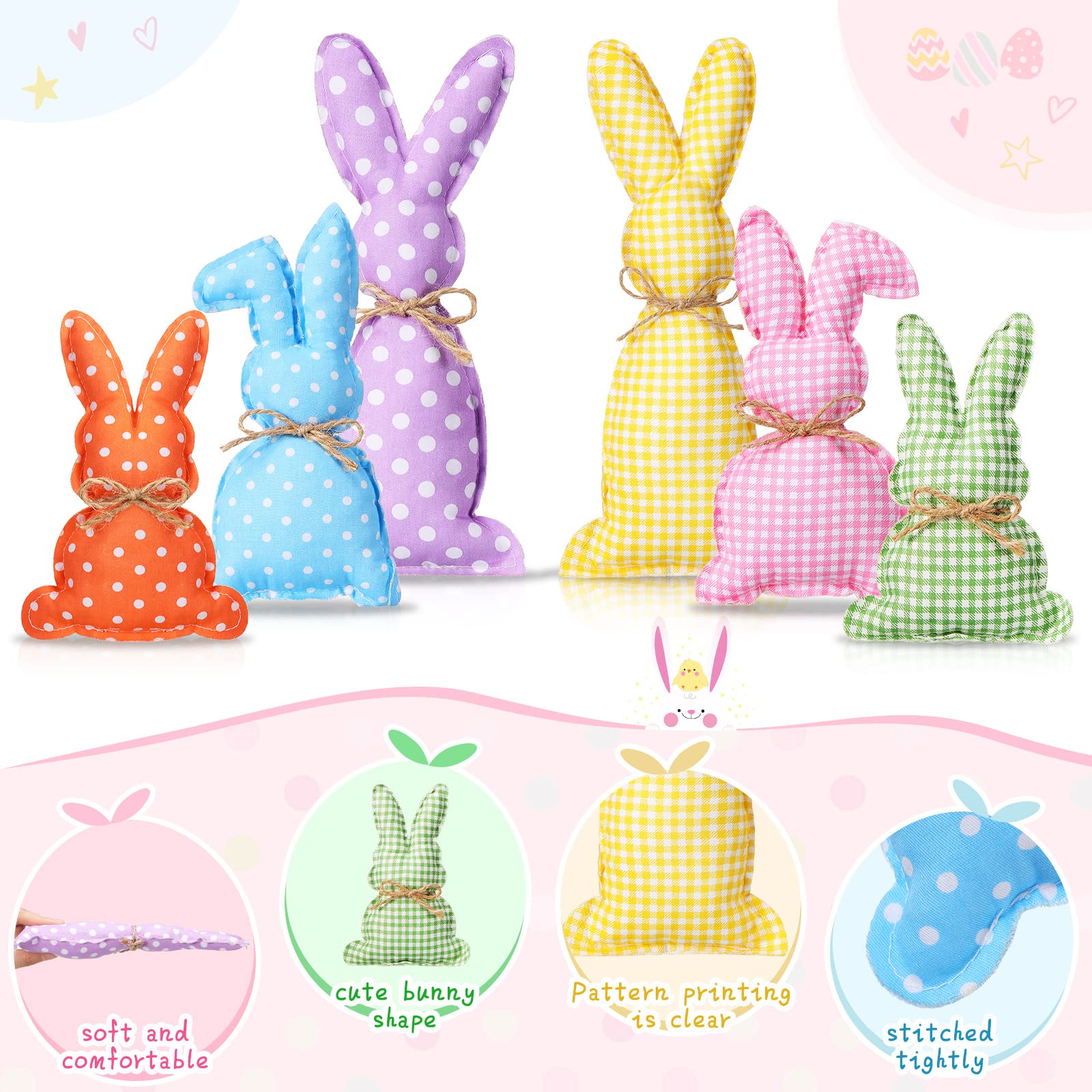 6 Pcs Rustic Easter Bunny Decor Farmhouse Stuffed Fabric Bunny Ornament Polka Dot Grid Easter Basket Bowl Fillers for Tiered Tray Desk Table Top Wedding Home Easter Centerpiece Decoration (Dark)