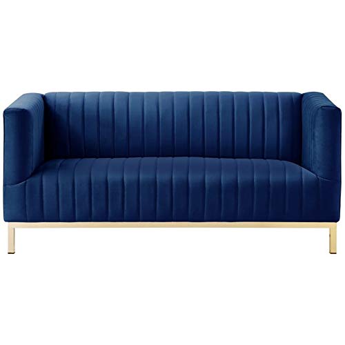 Posh Living Hayden Velvet Tuxedo Loveseat with Y-Metal Base in Navy Blue/Gold
