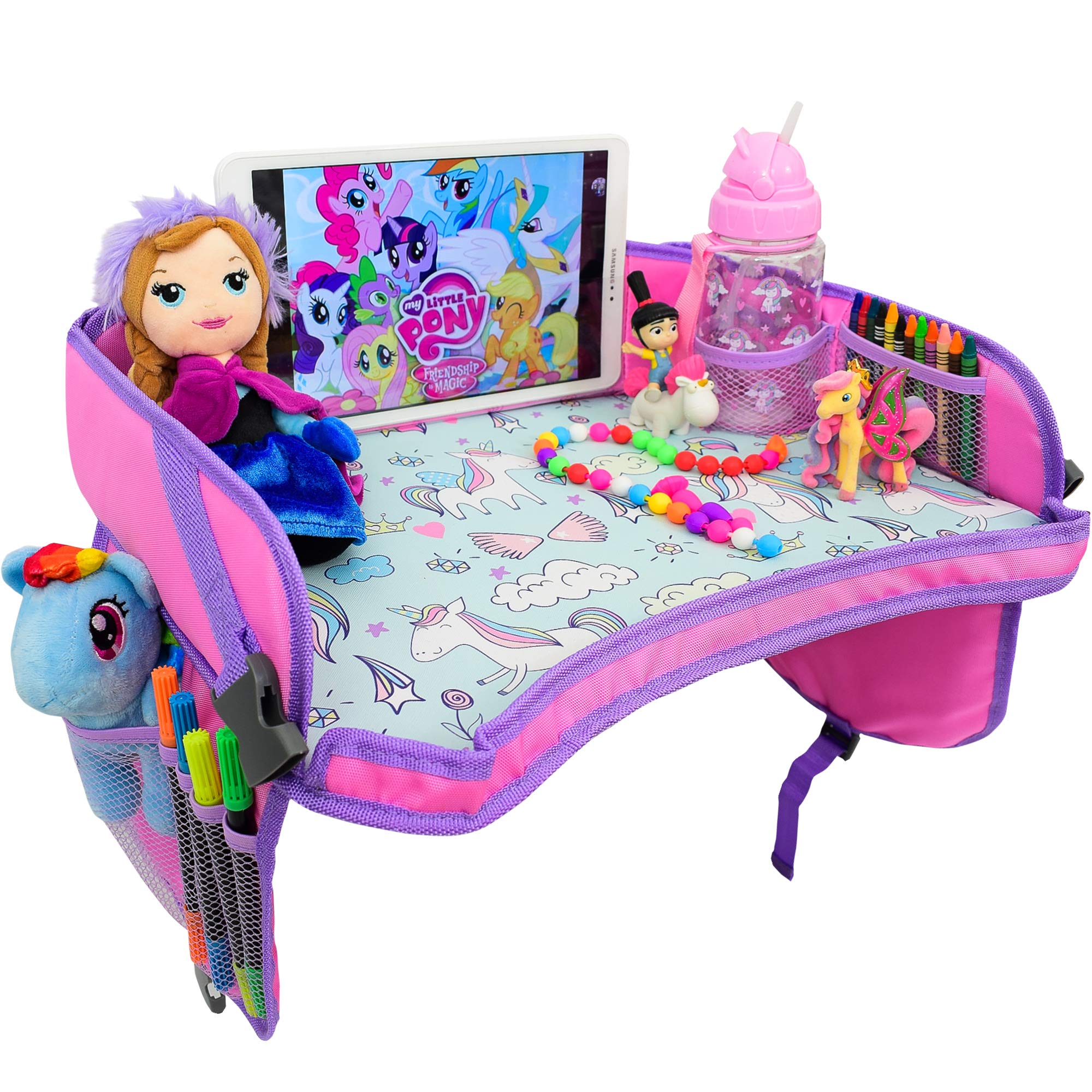 ecoZen Lifestyle Kids Travel Tray for Car - Toddler Lap Desk Organizer for Airplane, Pink Car Seat Tray for Kids Travel, Kids Roadtrip Essentials, Carseat Table Tray for Kids Road Trip Activities