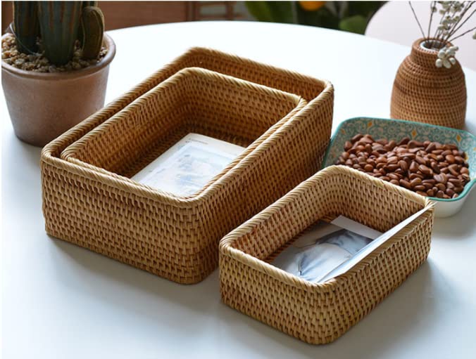 YANGQIHOME Natural Rattan Storage Baskets, Rectangular Woven Fruit Baskets, Wicker Decoration and Organizer for Bathroom, Living Room (Set of 3)