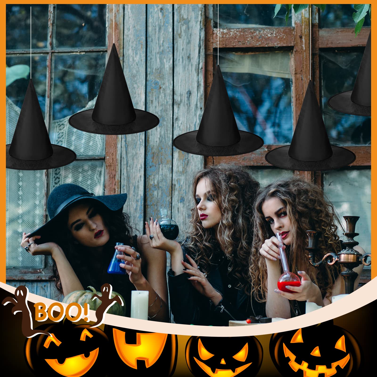 SATINIOR Witch Hat Halloween Costume Witch Hat Hanging Witch Hat with Hanging Rope Accessory and Transparent Seamless Hooks (Classic,12 Pcs)