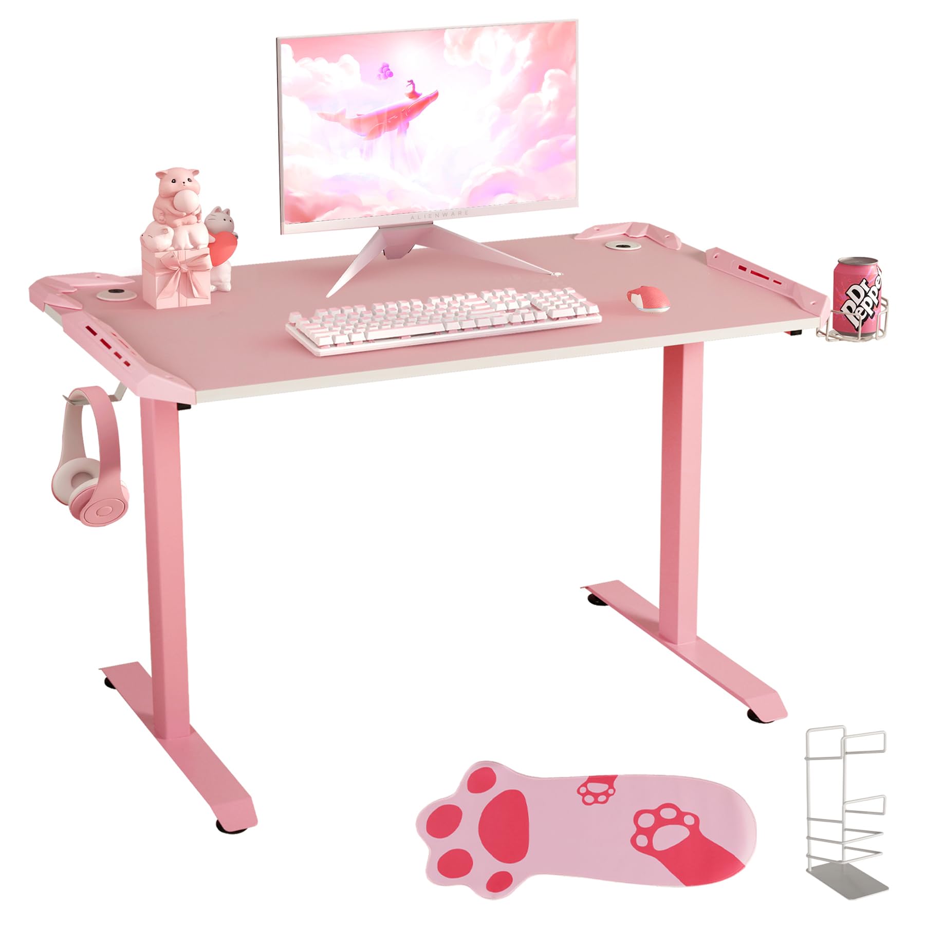 44 Inch T Shaped Gaming Desk, Pink PC Computer Gaming Table Standing Home Office Desk with Mouse Pad & Game Handle Rack, Study Writing Workstation with Outlet Tray Cup Holder Headphone Hook