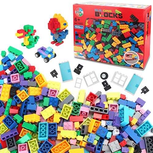 Building Bricks 1500 Pcs, Naivtu Building Blocks for Kids Ages 4-8, Bulk Toy Building Sets with Windows,Doors and Wheels, Classic Creative Bricks Compatible with All Major Brands