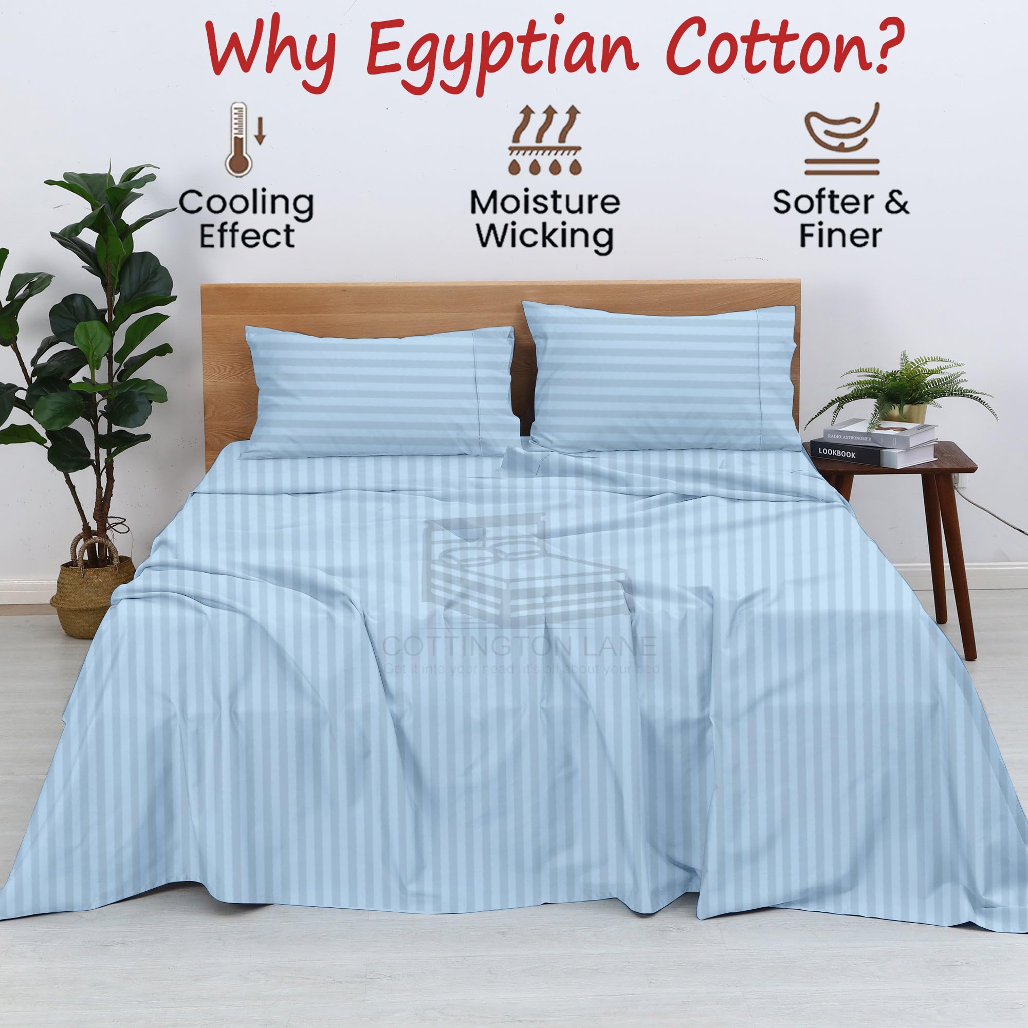 400 Thread Count 100% Egyptian Cotton Sheet Set - Queen Size Sheets Set - 12 inch Deep Pocket of Fitted Sheet - 4 Piece Sheet Set (Sky Blue Stripe - Queen 12 inch Deep Pocket Sheets)