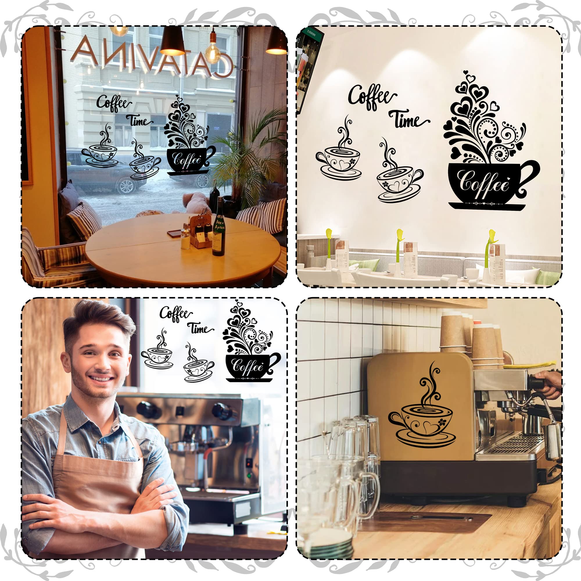 Coffee Cup Wall Decals Vinyl Kitchen Wall Decor Stickers Black Coffee Tea Sign Decor Flower Wall Art Sticker Removable DIY Coffee Saying Decorations for Home Cafe Shop Coffee Station Bar Pub Office