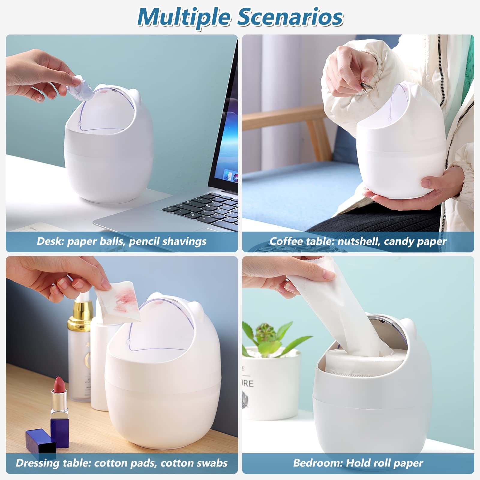 Veemoon Desktop Mini Trash Bin with Shake Lid Cute Trash Can Countertop Garbage Storage Bucket Wastebaskets Small Waste Bin for Desk Car Office Kitchen- White