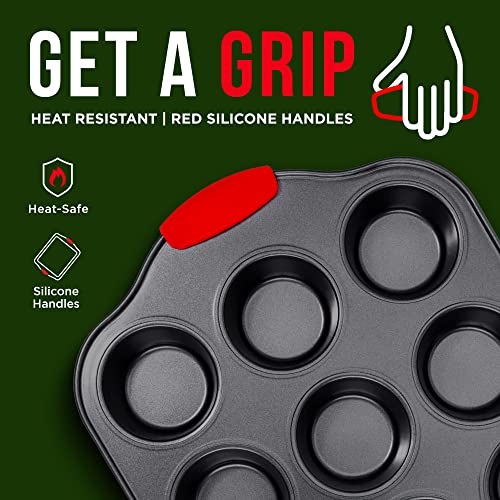 Baking Set – 8 Piece Kitchen Oven Bakeware Set – Deluxe Non-Stick Black Coating Inside and Outside – Carbon Steel – Red Silicone Handles – PFOA PFOS and PTFE Free by Bakken