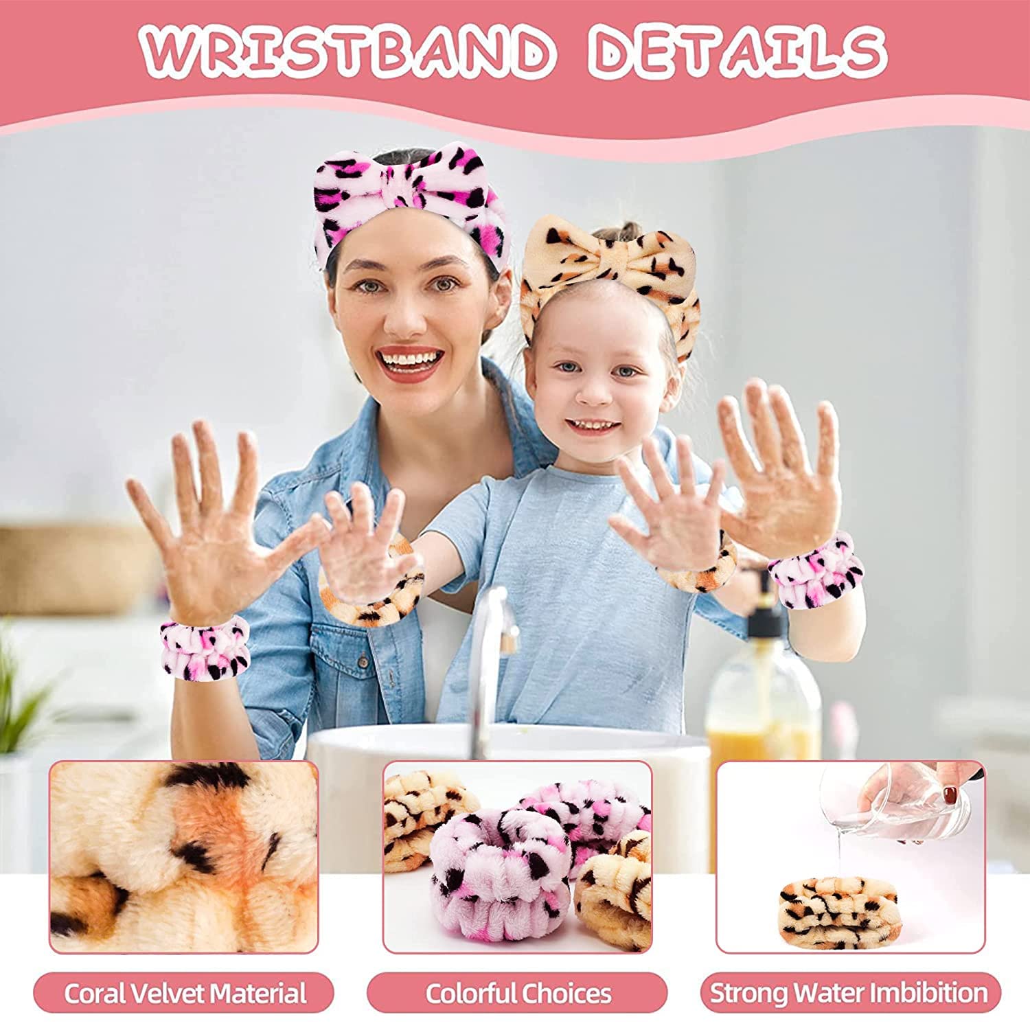 6 Pack Spa Headband Bow Hair Band and 2 Pairs Wrist Towels for Washing Face Set