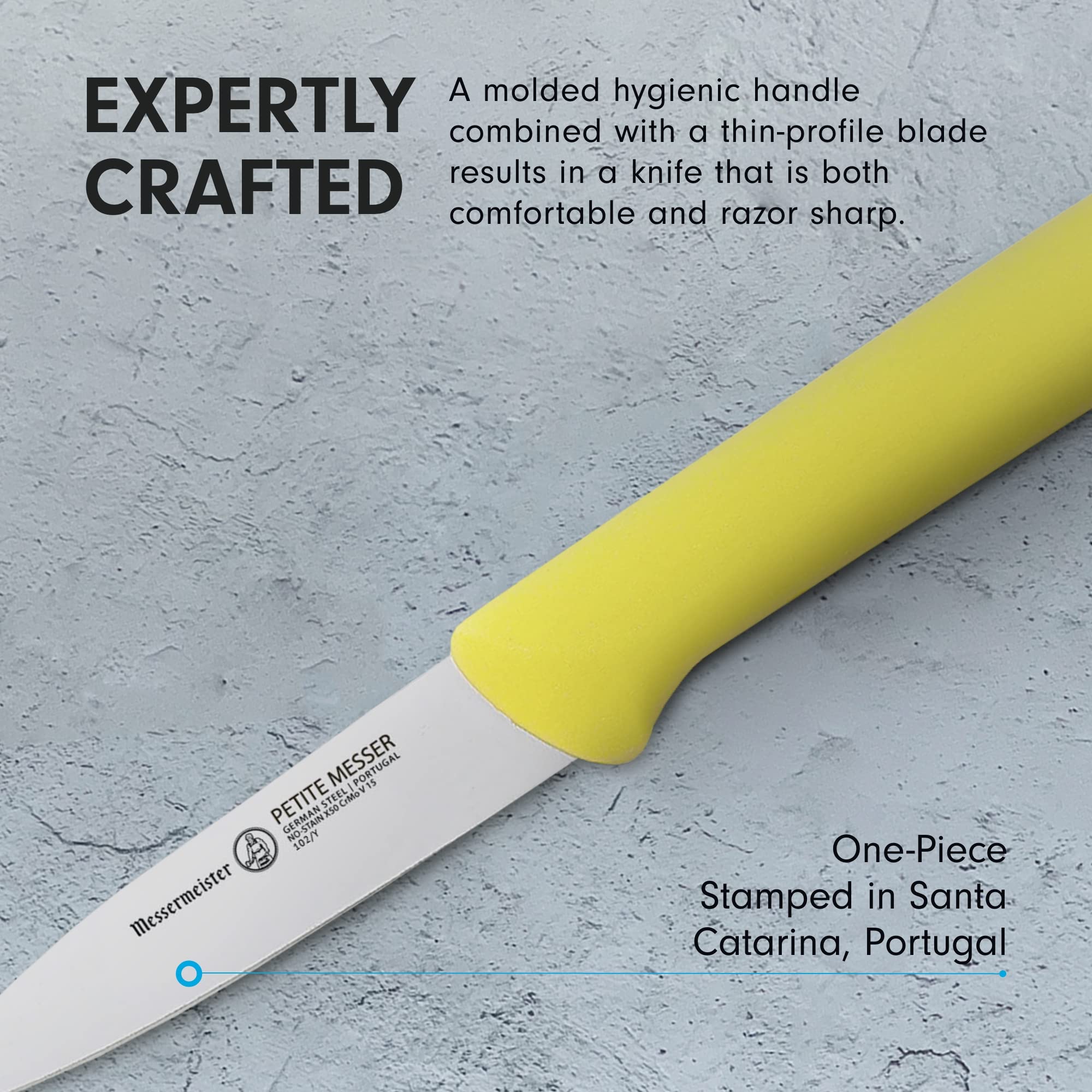 Messermeister Petite Messer 3” Spear Point Parer with Matching Sheath, Yellow - German 1.4116 Stainless Steel & Ergonomic Handle - Lightweight, Rust Resistant & Easy to Maintain