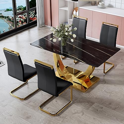 63" Glass Dining Table for 4-6, Rectangular Dining Room Table with 0.39'' Black Imitation Marble Tempered Glass Tabletop, U-Shaped Plated Metal Base Dining Table for Dining Room Kitchen