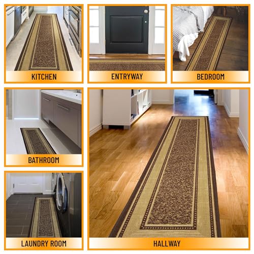 Ottomanson Ottohome Non-Slip Rubberback Bordered Design 2x7 Indoor Runner Rug, 1'10" x 7', Brown