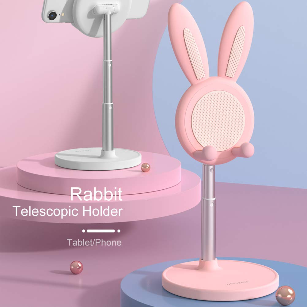 OATSBASF Cell Phone Stand, Adjustable Cute Bunny Phone Stand for Desk, Kawaii Phone Holder Stand, Compatible with All Mobile Phones, iPhone, Kindle, Switch (Pink)