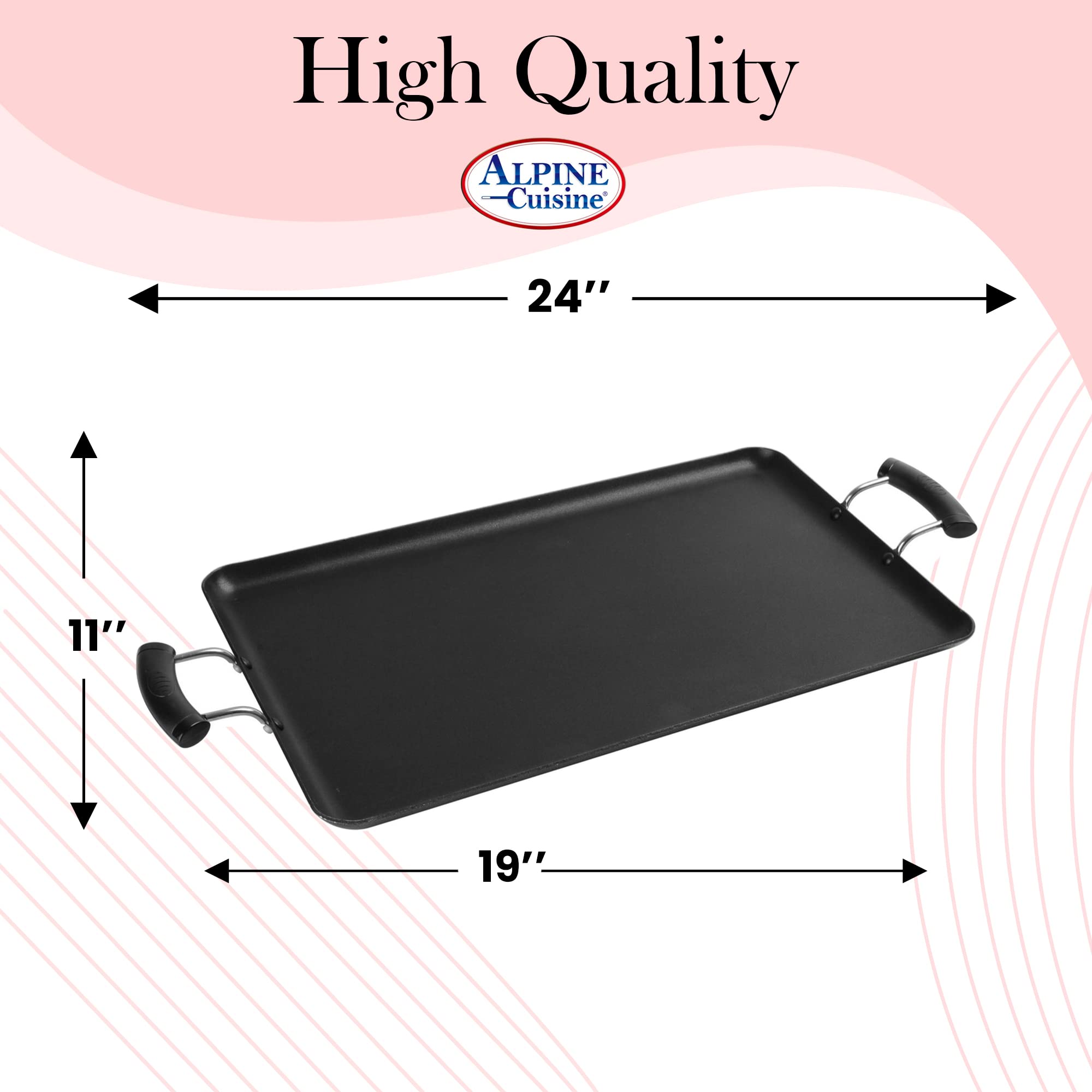 Alpine Cuisine Aluminum Griddle Pan 19x11in | Nonstick Coating & Heat Resistant | Gas Stove Griddle for Cookware with Double Handle - Ideal for BBQ & Serving Pancakes, Hand Wash - Gray