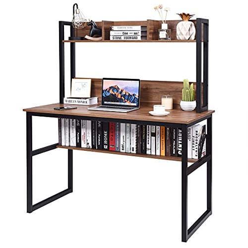 Tangkula Computer Desk with Hutch, Home Office Desk Study Writing Desk with Storage Bookshelves, Space Saving Computer Workstation for Home Office (Light Walnut)