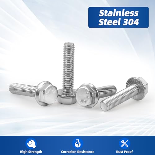 M8-1.25 x 30mm Flange Bolts Flanged Hex Screws, DIN 6921, Stainless Steel 18-8 (304), Plain Finish, Fully Threaded, 10 PCS