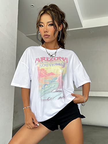 Cozyease Women's Oversized Graphic Letter Print T Shirts Short Sleeve Loose T Shirts Casual Women Summer Tops White L