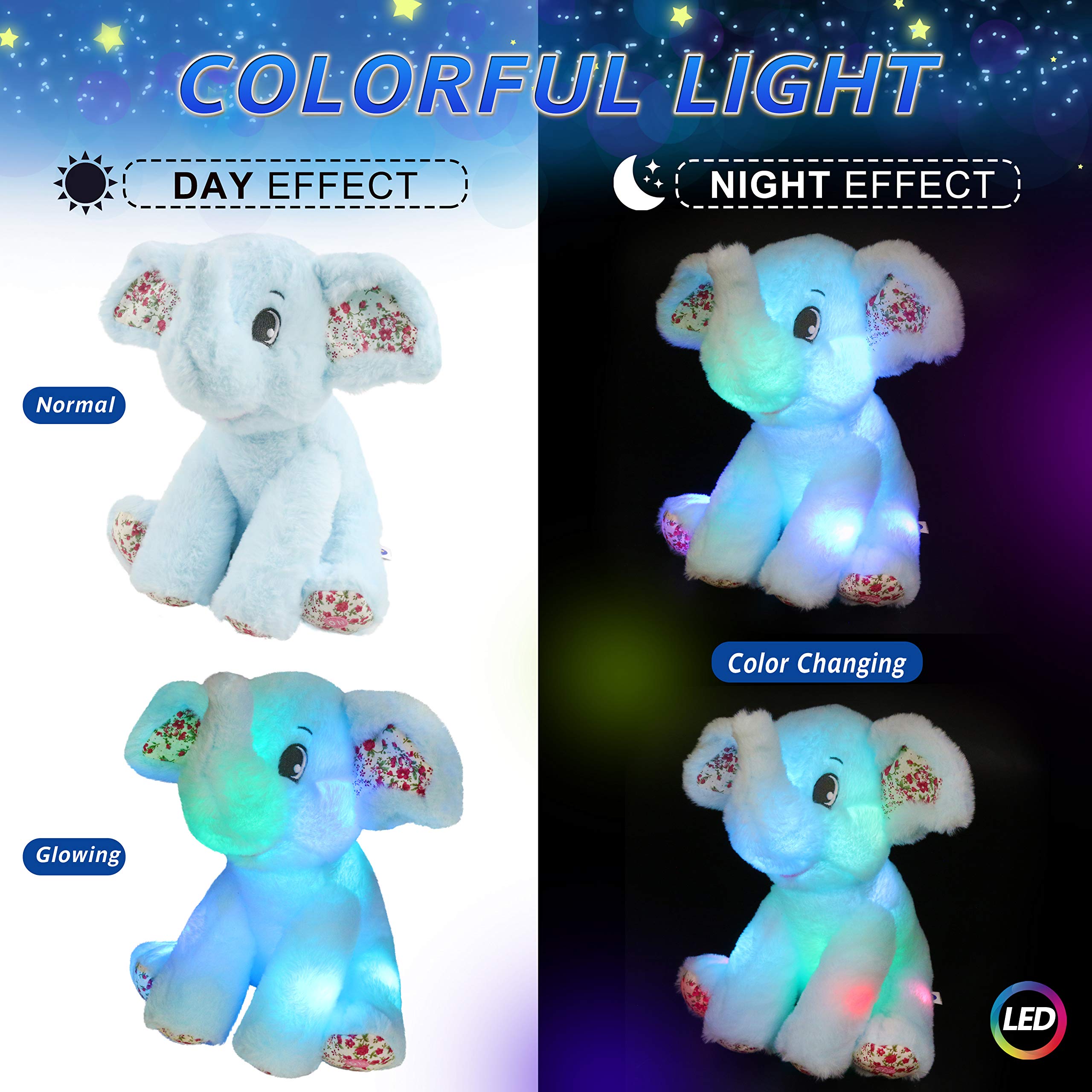 BSTAOFY Light up Elephant Soft Plush Toy Cozy Floppy LED Stuffed Animals Lullabies Nightlight Bedtime for Kids Birthday Valentines for Toddlers 12ββ