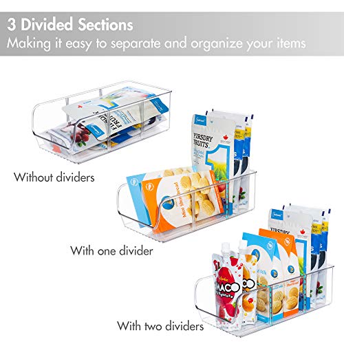 YIHONG Food Packet Organizer Bins for Pantry Organization, 4 Pack Plastic Clear Storage Bins for Storing Seasoning Packets, Spices, Sauce Packets,Snacks, with 2 Removable Dividers