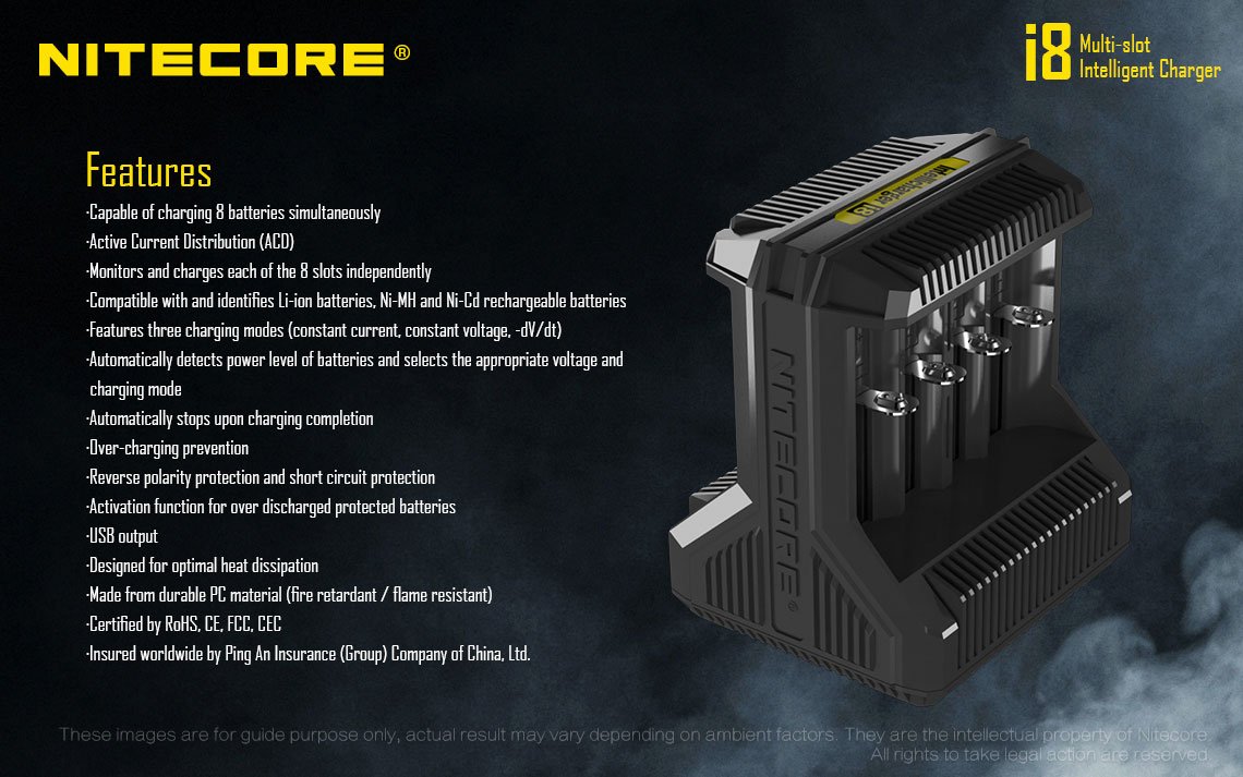 EdisonBright NITECORE i8 Eight Bays Smart Battery Charger for Li-ion/IMR/Ni-MH/Ni-Cd 26650 22650 18650 18490 18350 16340 RCR123 14500 AA AAA AAAA C D USB BBX3 Battery Carry case
