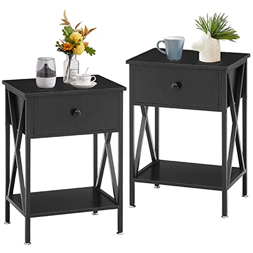 VECELO Modern Versatile Nightstands X-Design Side End Table Night Stand Storage Shelf with Bin Drawer for Living Room Bedroom, Set of 2 (Black)