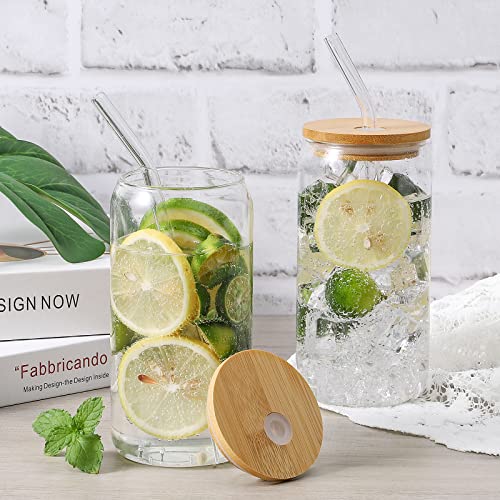 Drinking Glasses with Bamboo Lids and Glass Straw 8pcs Set, 16oz Beer Glasses Glass Cups, Iced Coffee Glasses, Ideal for Whiskey, Soda, Tea, Great Gift + 2 Cleaning Brushes