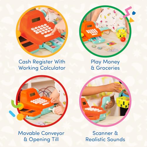 Battat - Interactive Kids Cash Register with Scanner & Sounds - 26-Piece Pretend Play Shopping Set with Light-Up Scanner, Play Money & Card - Educational Toy for Learning & Fun - Ages 3+