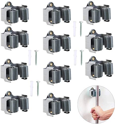 Vankcp 10Pcs Broom Mop Wall Mount Holder Gray Wall Rack Organizer Bathroom Storage Hanger with Screws for Home, Kitchen, Garden