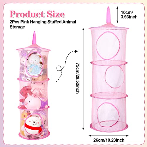 Fuyamp 2Pcs Stuffed Animal Storage Hanging Mesh Stuffed Animal Net or Hammock Foldable Stuffed Animal Organizer Net or Hammock 3 Compartments Toy Storage Basket for Kids Girls Room Bathroom (Pink)