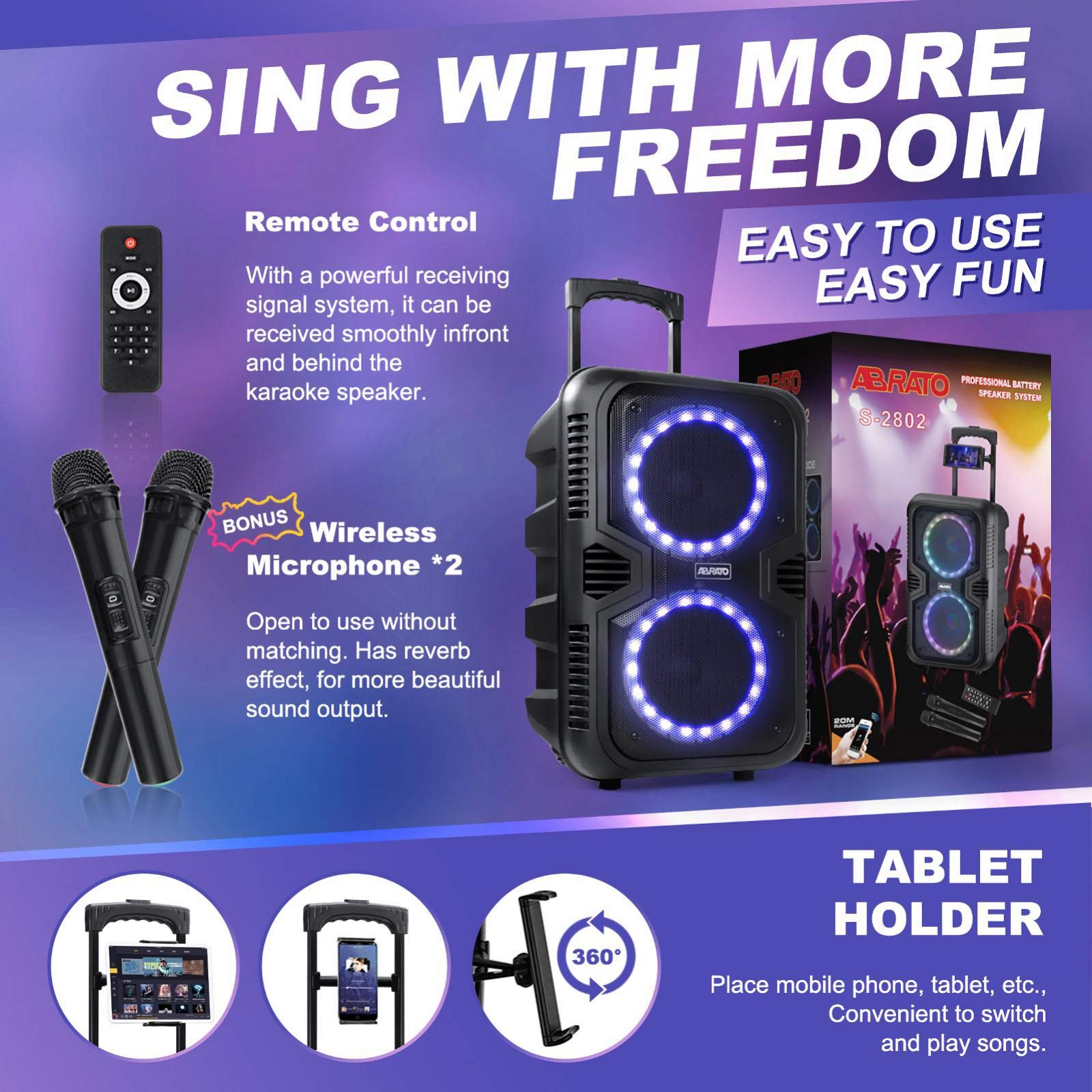 ABRATO Karaoke Machine for Adults & Kids β Bluetooth Speakers with Dual 8" Subwoofer & DJ Lights β Bonus 2 Wireless Microphones - Ideal for Home Party Camping Singing
