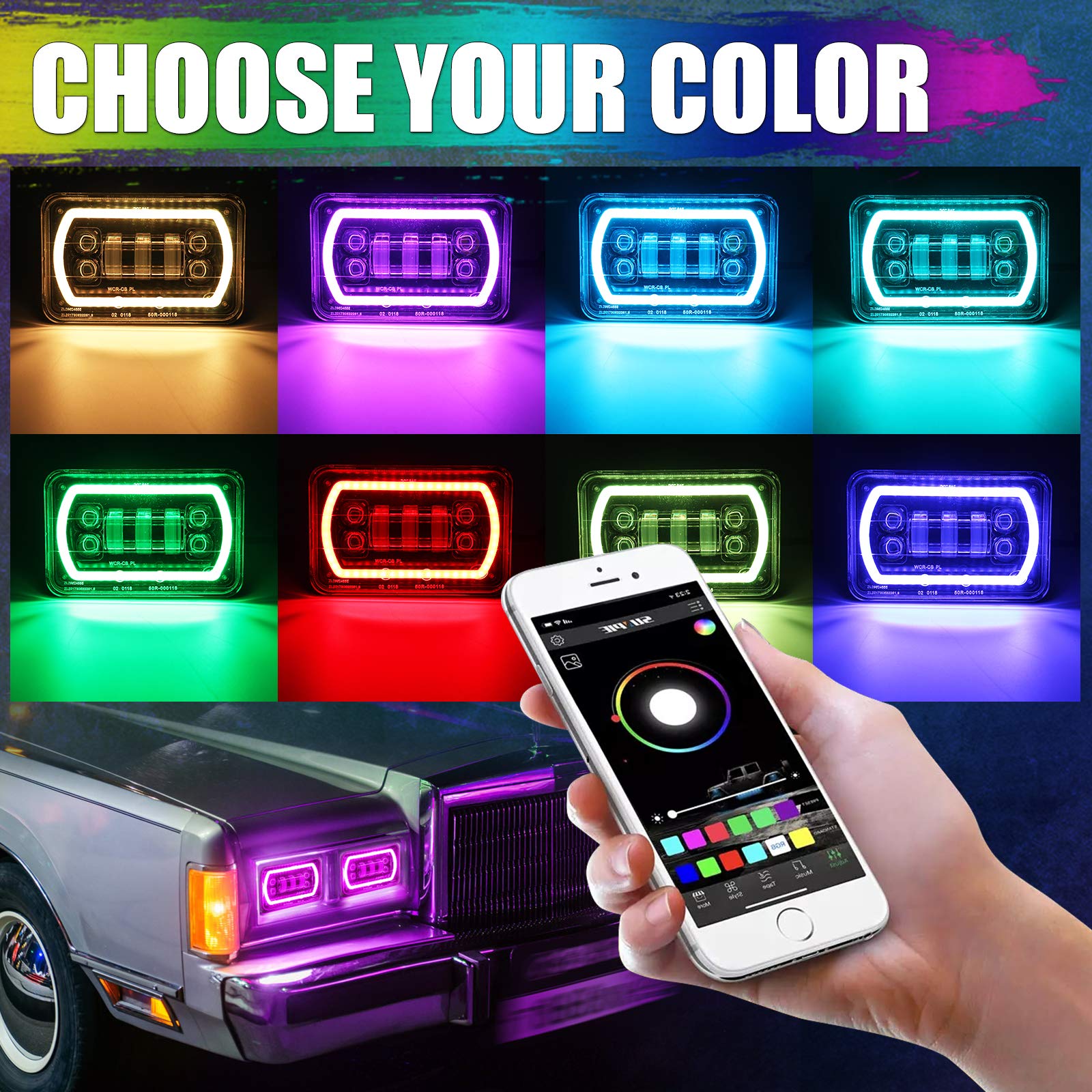 4x6 Led Headlight RGB Halo Ring, Music Mode, Smartphone APP Control, Seal Beam Replace H4651 H4656 H4666 Rectangular Square Headlights for Trucks Peterbilt Kenworth Monte Carlo Oldsmobile (2PC Pack)