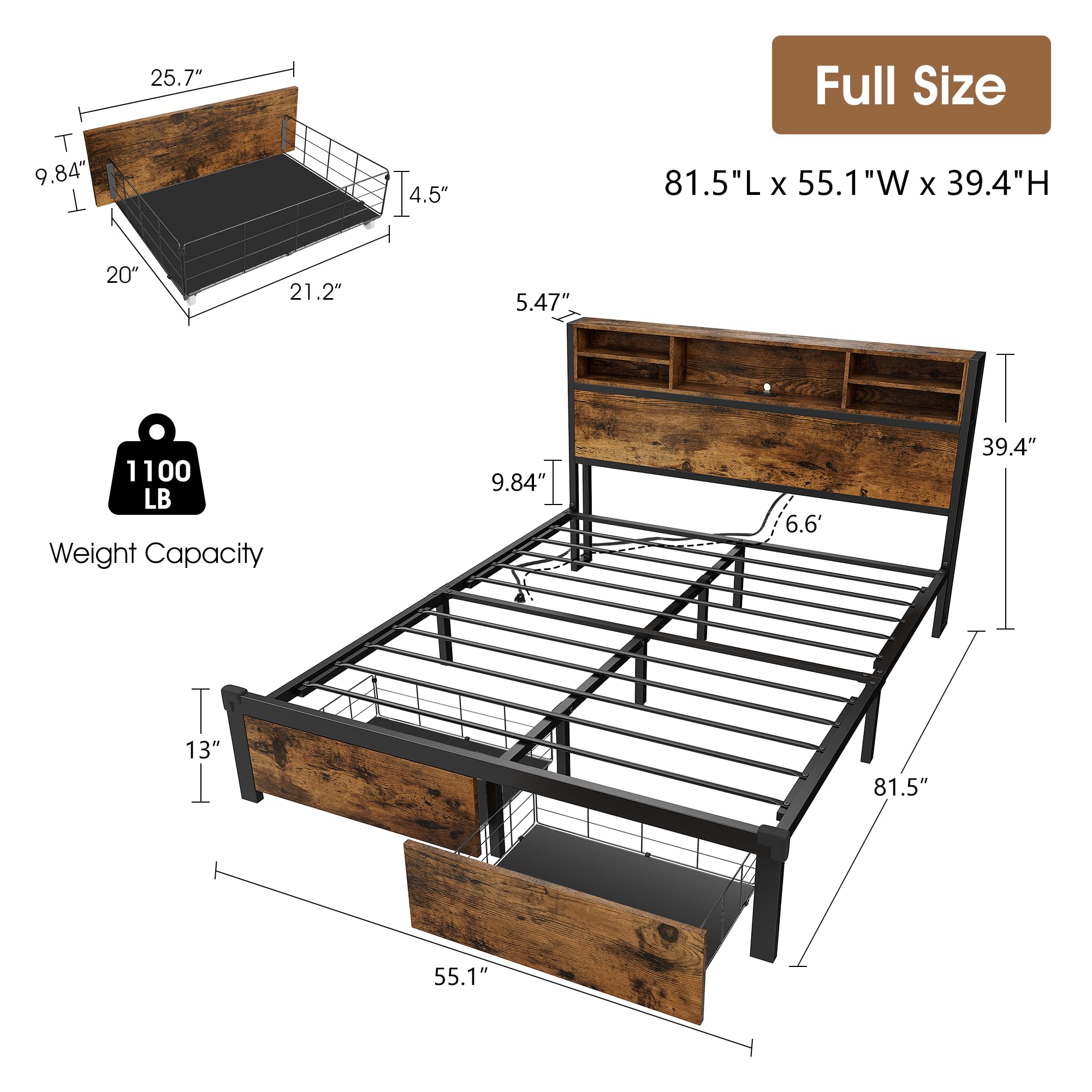 Alohappy Queen Bed Frame with Storage Headboard and Drawers,Metal Platform Bed Frame Queen Size with RGB Led Lights and Charging Station, No Nosie No Box Spring Needed (Queen (U.S. Standard))