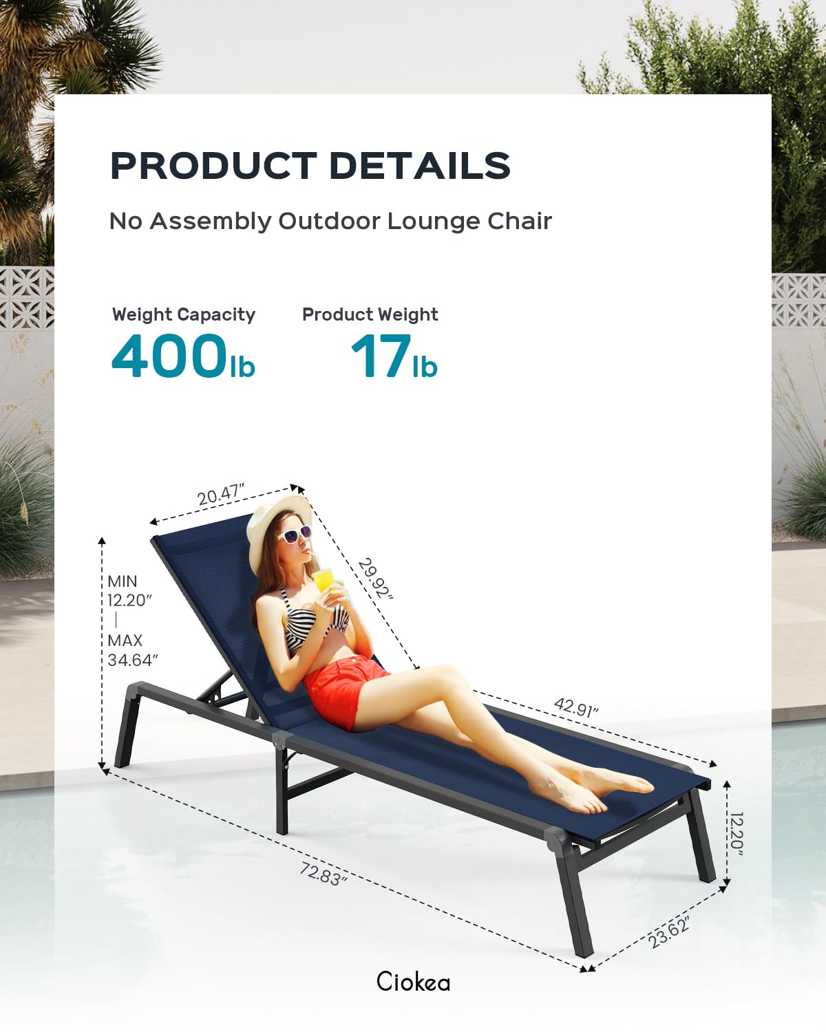 Aluminum Chaise Lounge Ourdoor - Foldable & Assemble Free Outdoor Lounge Chair with 5 Adjustable Backrest, Patio Lounge Chair for Outside Poolside Beach Pool, Navy Blue