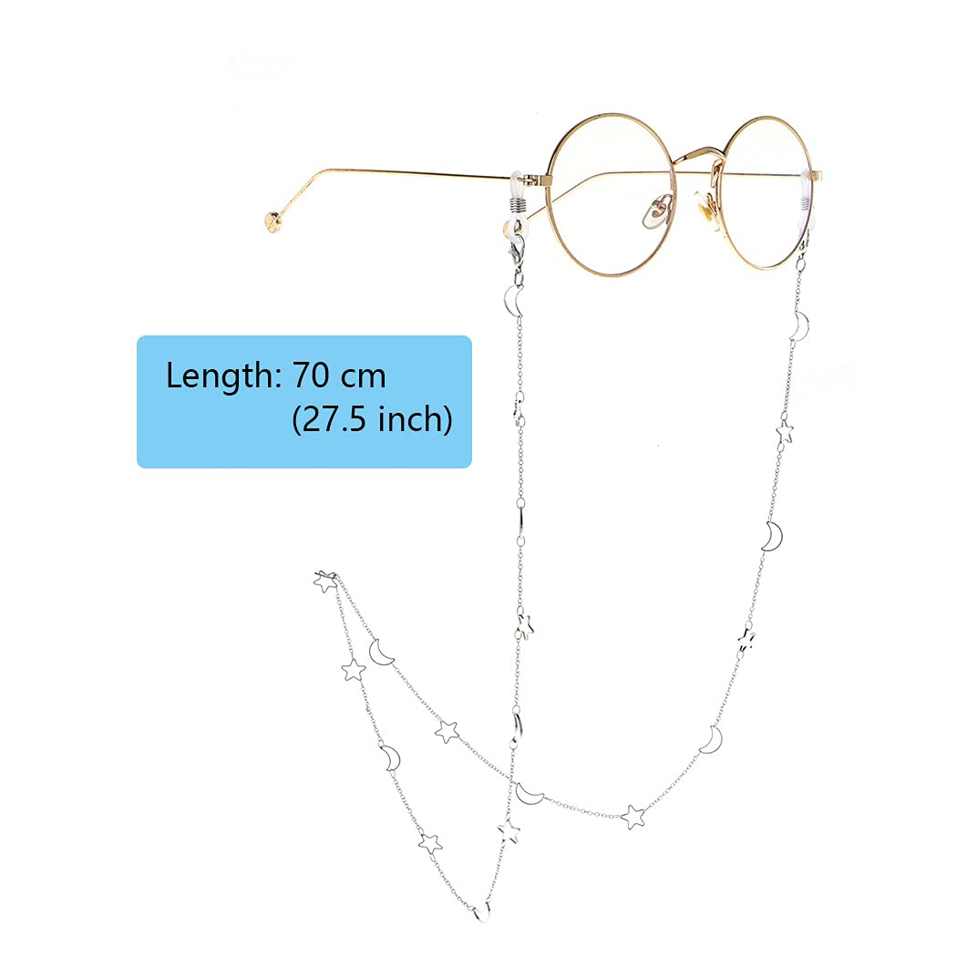 Aabellay 2PCS Eyeglass Chain Sunglass Strap Holder Reading Glass Cords Lanyard Necklace Eyewear Retainer Metal Long Necklace Accessories with Rubber Ends –Style Star and Moon