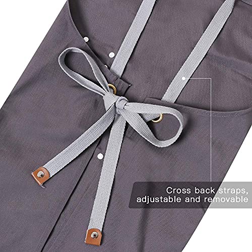 Chef Apron,Cross Back Apron for Men Women with Adjustable Straps and Large Pockets,Canvas,M-XXL (Grey)