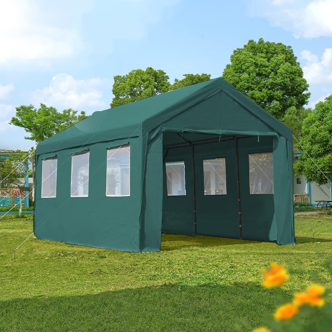 ADVANCE OUTDOOR 12x20 ft Heavy Duty Adjustable Carport with 6 Roll-up Ventilated Windows & Removable Sidewalls Car Canopy Garage Boat Shelter Party Tent, Peak Height from 9.5ft to 11ft, Green