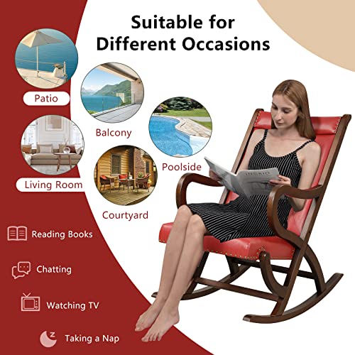 Giantex Rocking Chair with Cushion, Modern PU Leather Rocker, Rubber Wood Frame, Ergonomic Backrest Armrest, Single Rocking Chair for Nursery Living Room Bedroom Lounge Office, Red