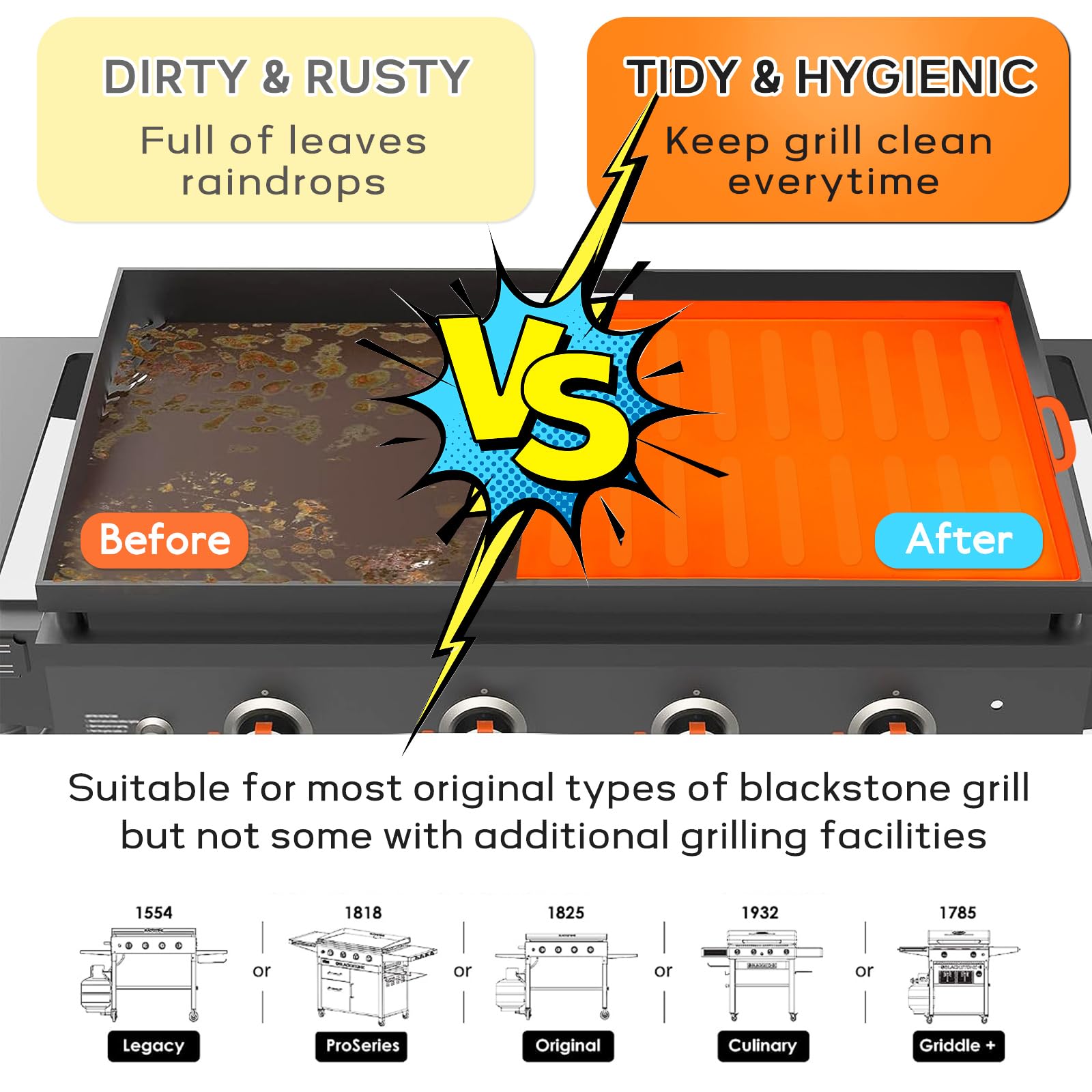 36" Silicone Griddle Mat for Blackstone Griddle, Magnetic Heavy Duty Food Grade Silicone Grill Mat with Handheld, All Season Protective Griddle Cover from Rodents, Insects, Debris, and Rust (Orange)