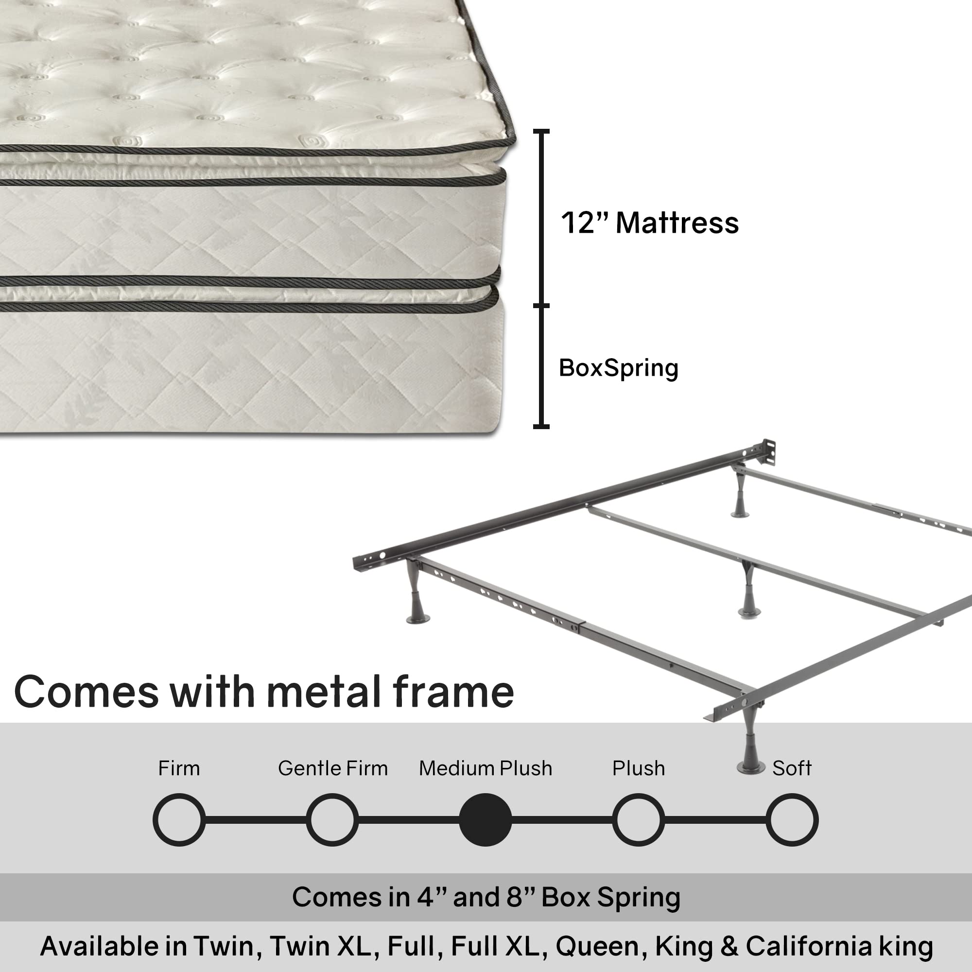Mayton, 12-Inch Medium Plush Double Sided Pillowtop Innerspring Mattress & 8" Wood Box Spring Set with Frame, Queen