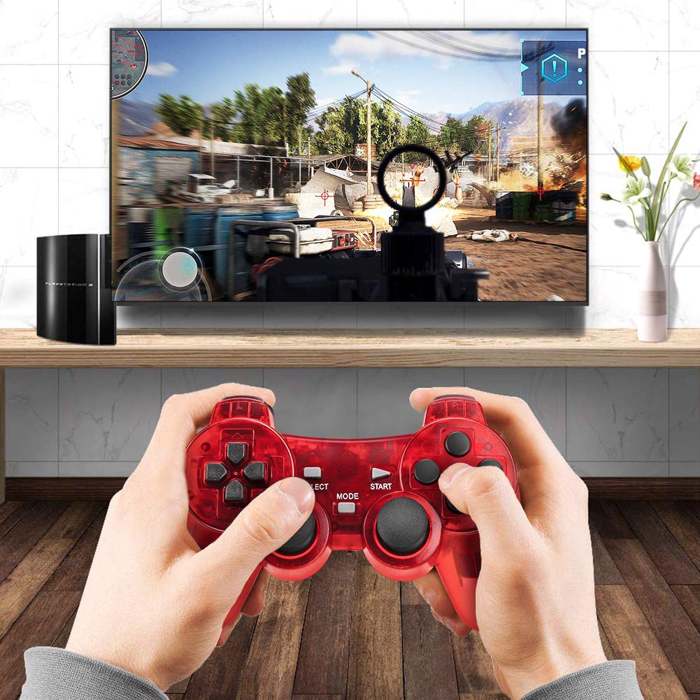 BicycleStore 2 Pack Controller for PS2 Playstation 2.4G Gamepad Joystick Remote with Shock Vibration (ClearBlue and ClearRed)