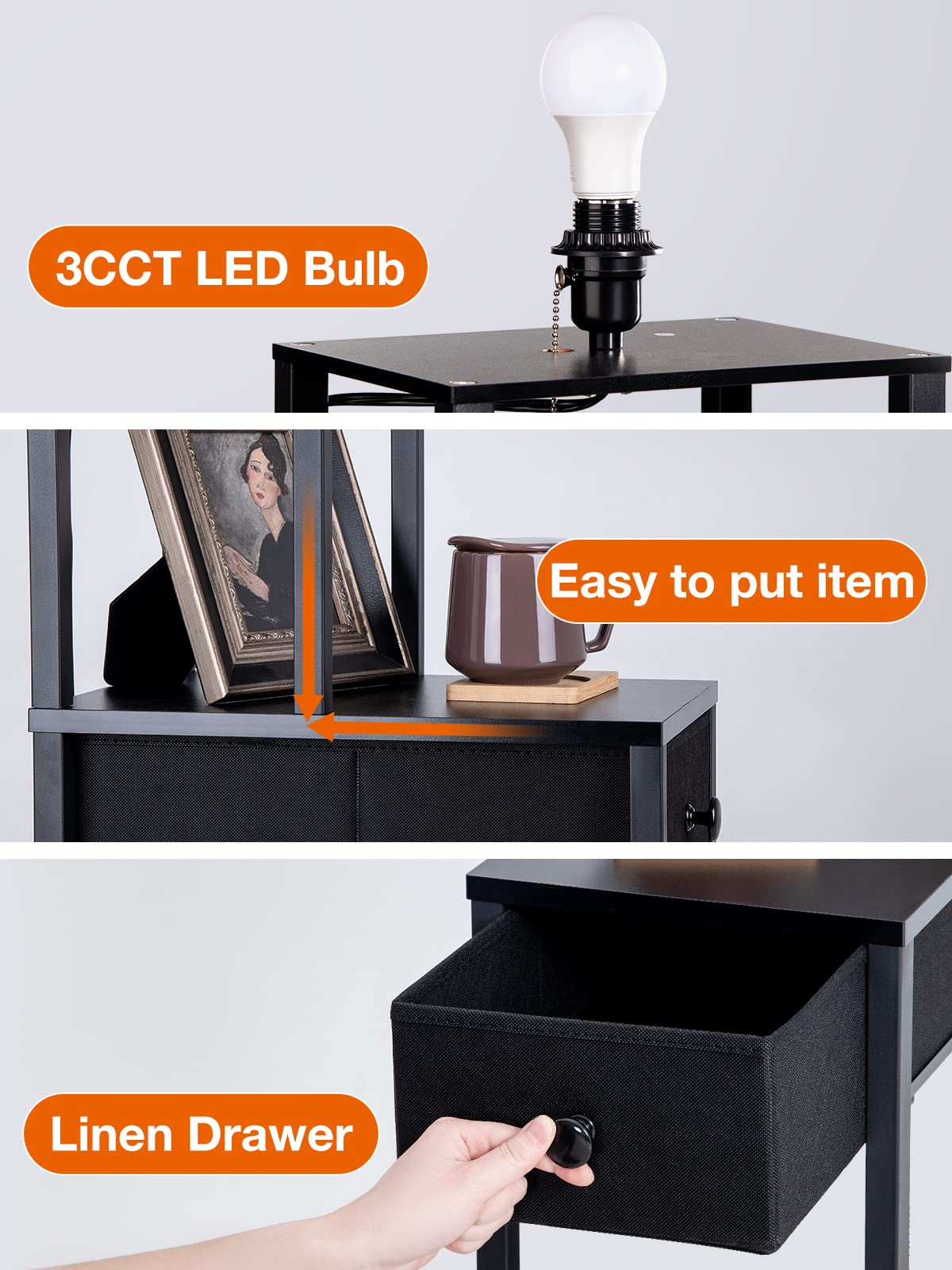 addlon Floor lamp with 2 USB, 1 Outlet and Drawer, 3 Color Temperatures LED Bulb (9W), Sofa lamp with White lampshade, Display Floor lamp with Shelves for Living Room, Bedroom and Office - Black