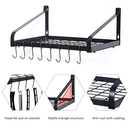 Love-KANKEI Pot Rack Wall Mounted Set of 2 Pan Pot Organizer Wall Shelves with 16 Hooks for Kitchen Cookware Utensils Organization Black